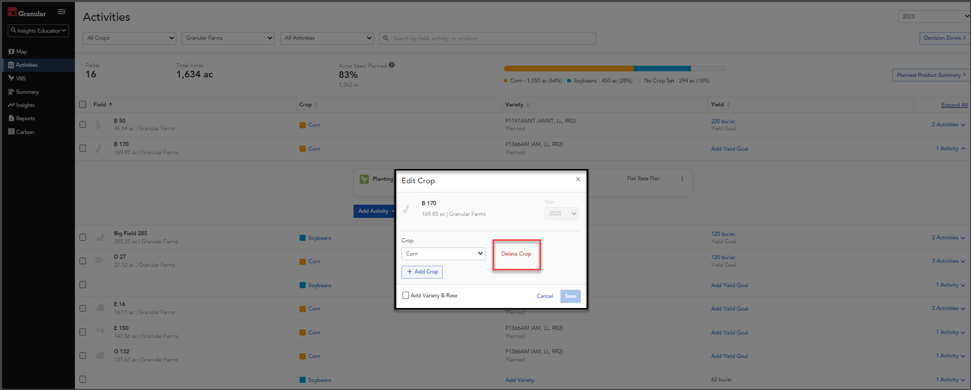Activities: Add, edit, and remove crops – Granular Insights