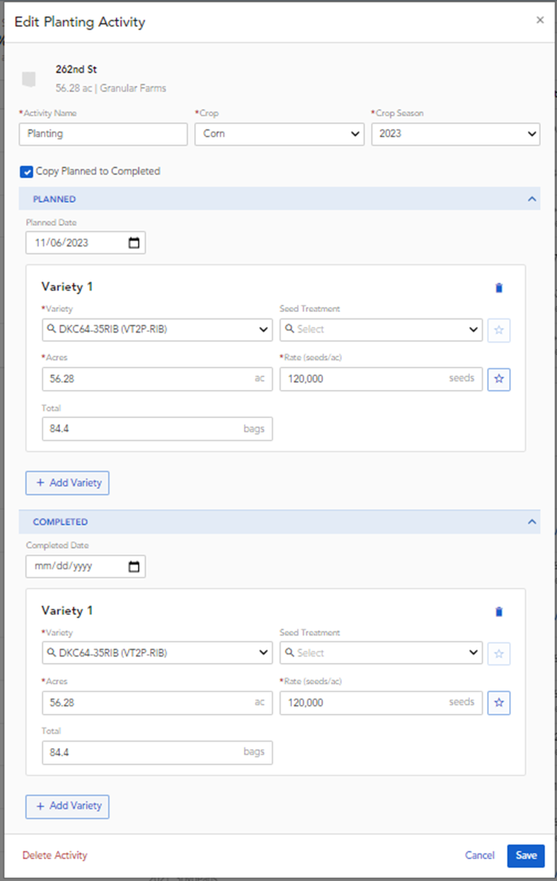 Activities: Copy Planned to Completed – Granular Insights